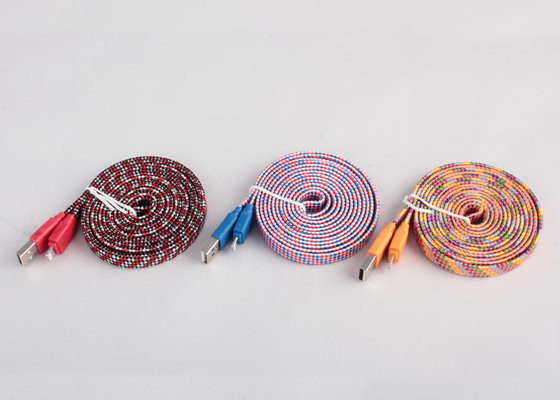 Flexible Flat Charging Cable With Multicolor High Gloss Textile , Micro USB