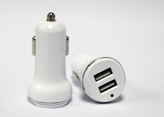 White Portable Dual Car USB Adapter Standard High Speed With Metal Ring