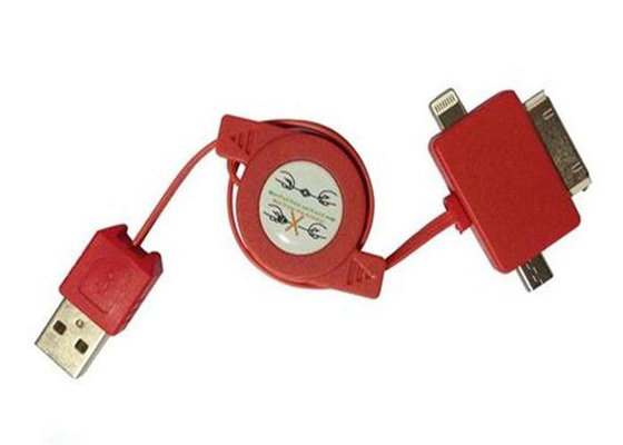3 in 1, 30 Pin Retractable Phone Charger cord Red for iPhone and Android