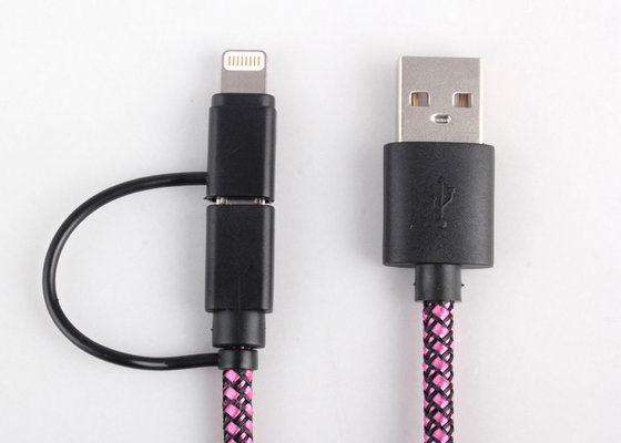Pink Multifunction Micro USB to USB Cable , Nylon Braided Charging Cord