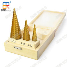 China Hot Sells HSS 4241 Ti-Coating Straight Step Drill Bit Set-3pcs set packed with wooden box-4-12mm/4-20mm/4-32mm supplier
