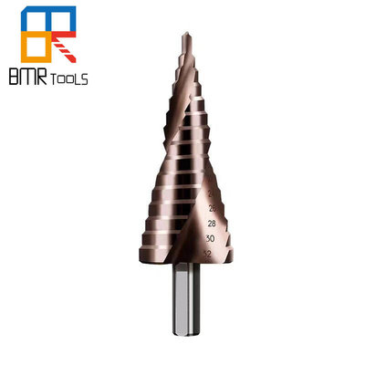 BMR TOOLS 4mm-32mm 15steps triangle shank sprial flute hss step drill bit for metal hole drilling supplier