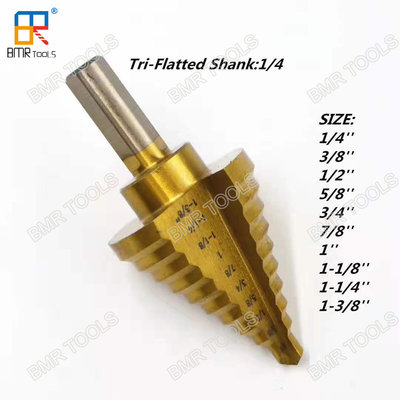 BMR TOOLS Inch Size Straight Flute HSS Step Bit 1/4" Tri-Flatted Shank with Tin-Coating supplier