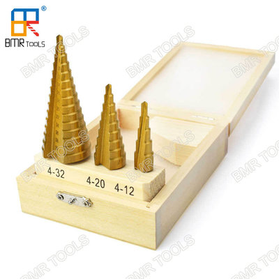 Hot Sells HSS 4241 Ti-Coating Straight Step Drill Bit Set-3pcs set packed with wooden box-4-12mm/4-20mm/4-32mm supplier