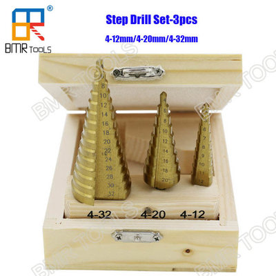 Hot Sells HSS 4241 Ti-Coating Straight Step Drill Bit Set-3pcs set packed with wooden box-4-12mm/4-20mm/4-32mm supplier