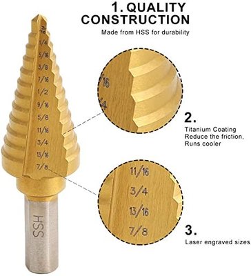 Step Drill Bit Set & Automatic Center Punch- Unibit, Titanium Coated, Double Cutting Blades, High Speed Steel, Short Len supplier