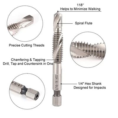 Combination Drill and Tap Bit Set - Deburr Countersink Drill Bit, HSS 4241 with 1/4” Hex Shank, 1/8”- 3/8”, 6pcs supplier