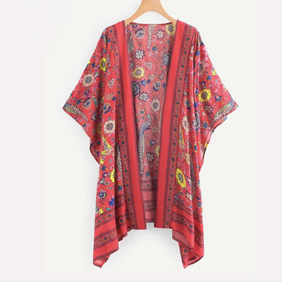 Red Peacock Cover Ups Kimono Bohemian Cardigan Women