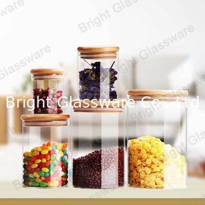 High quality round cylinder glass candy jar crystal glass jar with wood lid