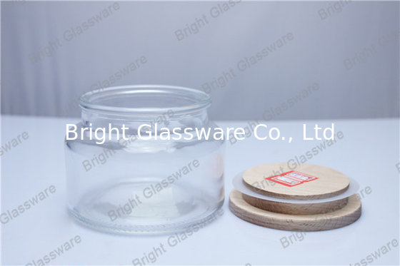 hot sale design clear glass candle jar with wooden lid for sale