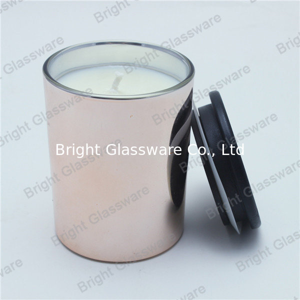 Rose gold glass candle holder, candle container with wooden lid for wedding decoration