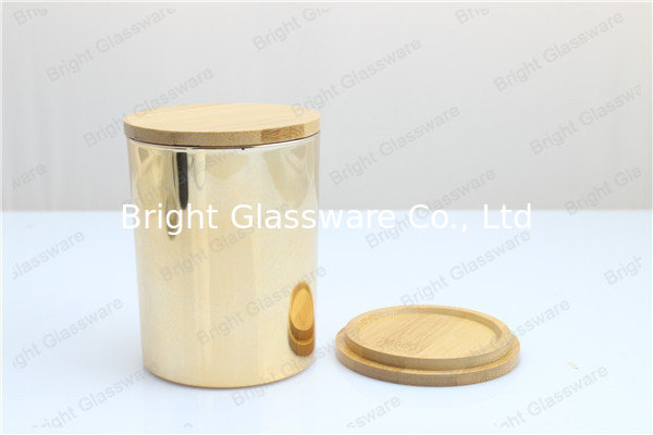 Glass Gold Candle Jar with Bamboo Lid, Bamboo Lid Jar for decor