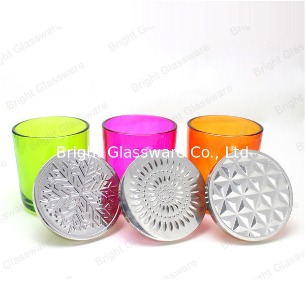 custom colorful glass candle holder with metal lid