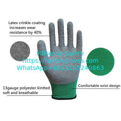 13Gauge Polyester Liner 3/4 Crinkle Latex Dipped Gloves Latex Coated Work Gloves