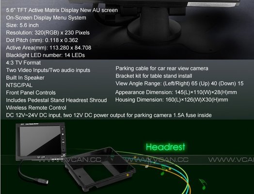 TM-564B 5.6 inch car monitor 12~24V input 2AV input for camera