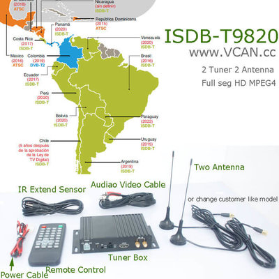 ISDB-T9820 Car ISDB-T Two tuner Two Antenna HD MPEG4 TV receiver for Brazil Peru Chile Costa Rica
