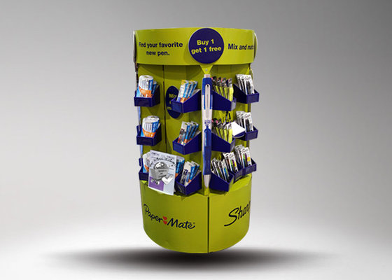 China Green Cardboard Stationery Display Stand Designed for Promotion With Glossy lamination supplier