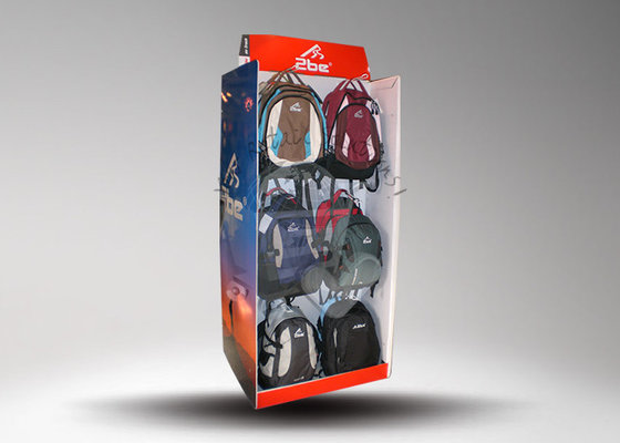 Custom red cardboard pallet display with hooks for backpack / exhibition supplier