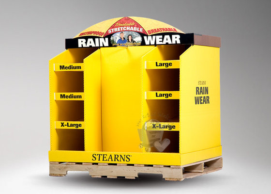 Six pockets with bright yellow cardboard retail pallet displays for rain wear supplier