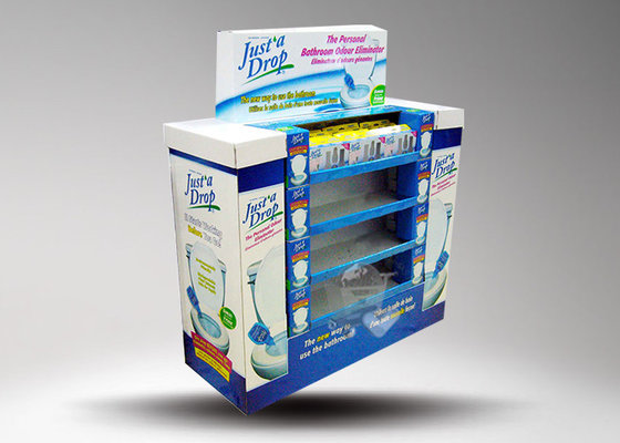 Six pockets with bright yellow cardboard retail pallet displays for rain wear supplier