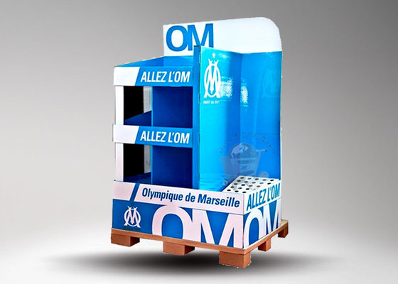 Six pockets with bright yellow cardboard retail pallet displays for rain wear supplier