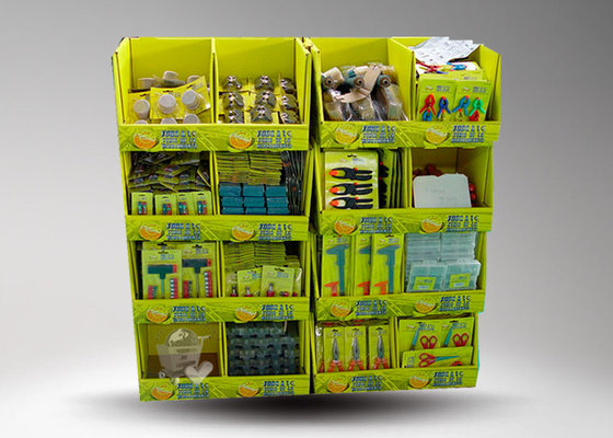 Six pockets with bright yellow cardboard retail pallet displays for rain wear supplier