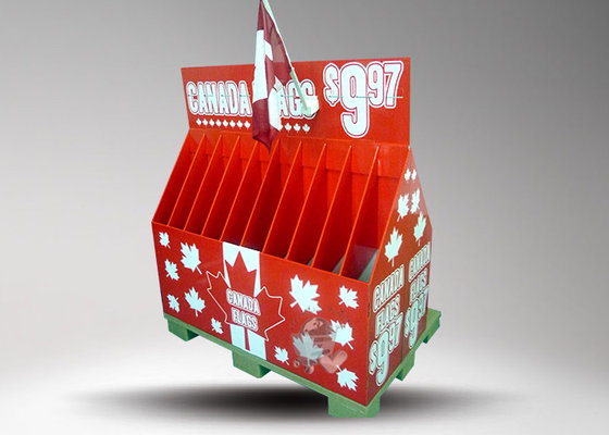 Orange yellow cardboard pallet display with blue price for clothing supplier