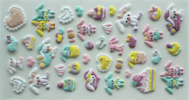 Soft Puffy Stickers For Kids With Rabbits , Fuzzy PVC 3D Dimensional