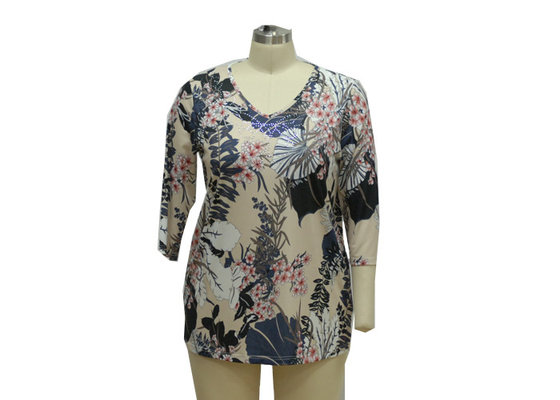 China Ladis Shirt Little V-Neckline Shiny Reinstone Decoration 3/4 Sleeves Digital Printing Ladies Fashion Shirt supplier