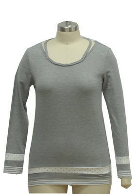 China Ladies Long Sleeve Shirt Round-neckline  Melange Fabric Normal Size Blend Fabric Yarn Dye Stripe Insert Braid Neck Line supplier