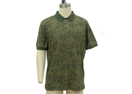 China Mint / Lime / Dark Green Mens Polo T Shirts Wash Pique Maple Leaf Allover Print supplier