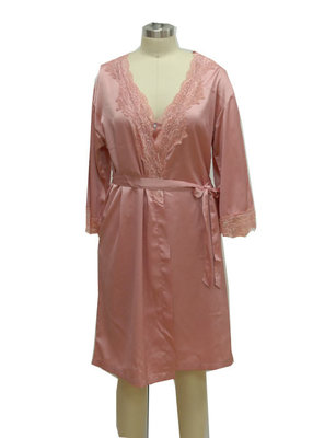 Pink Home Ladies Night Dresses Sleepwear Solid Satin Night Robe With Lace supplier