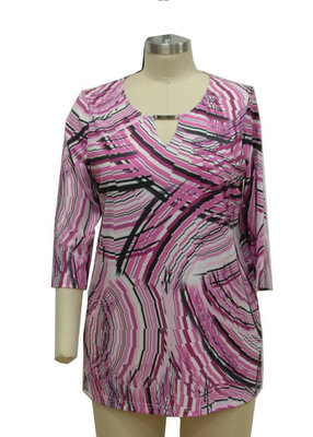 Geometric Pattern Ladies Casual T Shirts With Buckle 3 4 Sleeve V Neck Top supplier