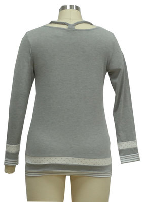 Ladies Long Sleeve Shirt Round-neckline  Melange Fabric Normal Size Blend Fabric Yarn Dye Stripe Insert Braid Neck Line supplier