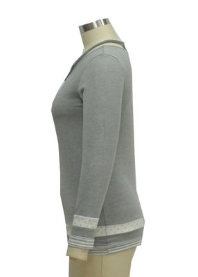 Ladies Long Sleeve Shirt Round-neckline  Melange Fabric Normal Size Blend Fabric Yarn Dye Stripe Insert Braid Neck Line supplier