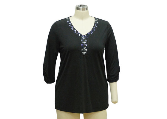 V Neck Ladies Casual T Shirts Three Quarter Sleeve Tops Bling Neckties Decoration supplier