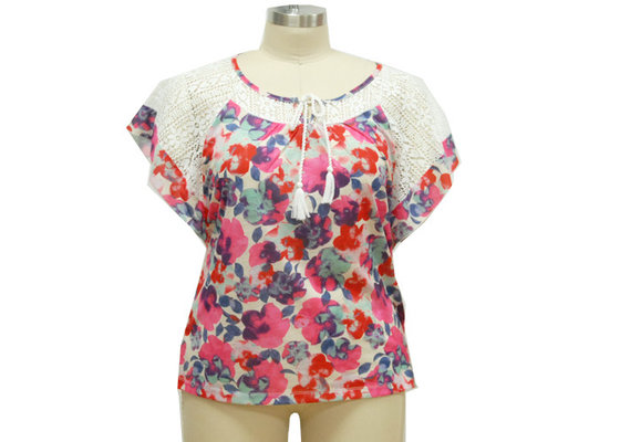 Short Raglan Sleeve Ladies Casual T Shirt Lace Batwing &Shoulder Fresh Flora Print supplier