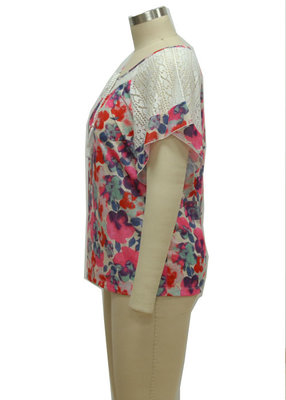 Short Raglan Sleeve Ladies Casual T Shirt Lace Batwing &Shoulder Fresh Flora Print supplier