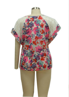 Short Raglan Sleeve Ladies Casual T Shirt Lace Batwing &Shoulder Fresh Flora Print supplier