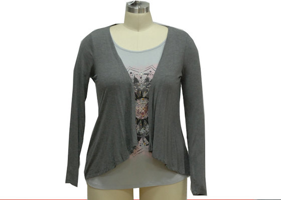 Ladies Casual Long Sleeve T Shirt Open Front Cardigan And Front Print With Metical Studs supplier