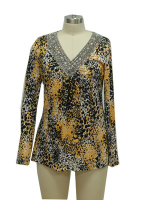 Ladies Casual V Neck Shirt  Allover Pigment Printing And Front Neckline With Special Accessories supplier