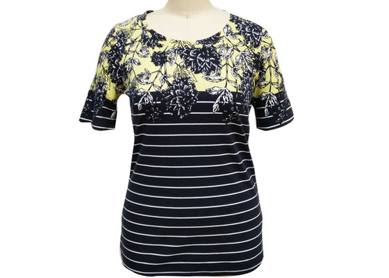 Ladies Casual Round Neck Shirt Shot Sleeves Allover Disperse Printing Stripe And Flowers supplier
