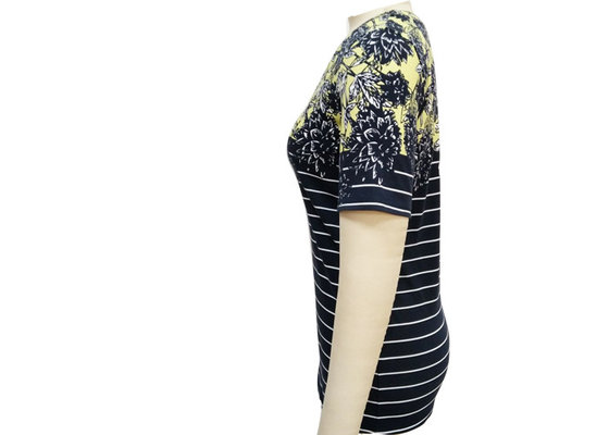 Ladies Casual Round Neck Shirt Shot Sleeves Allover Disperse Printing Stripe And Flowers supplier