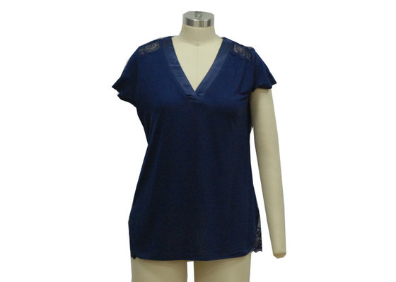 Navy Blue V Neck Short Sleeve T Shirt  , Plus Size Womens Dressy T Shirts Lace Shoulder supplier