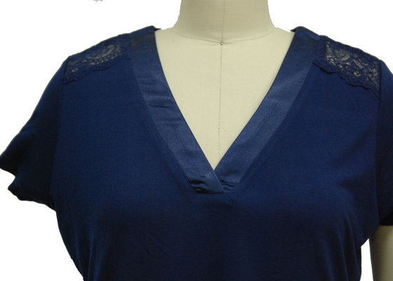 Navy Blue V Neck Short Sleeve T Shirt  , Plus Size Womens Dressy T Shirts Lace Shoulder supplier