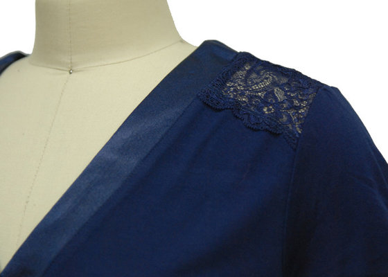 Navy Blue V Neck Short Sleeve T Shirt  , Plus Size Womens Dressy T Shirts Lace Shoulder supplier