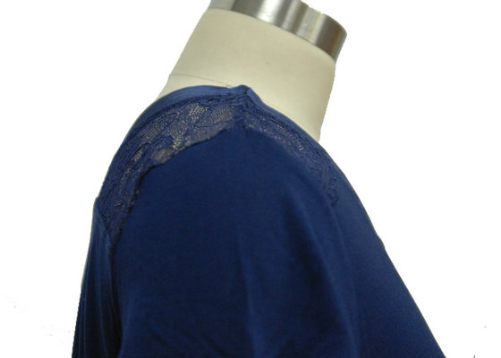 Navy Blue V Neck Short Sleeve T Shirt  , Plus Size Womens Dressy T Shirts Lace Shoulder supplier