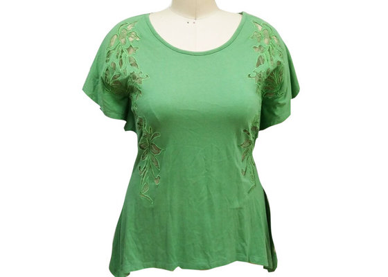 Ladies Short Sleeve T Shirts , Womens Green Shirt Blouse Hollow Embroidery Lace Inside supplier