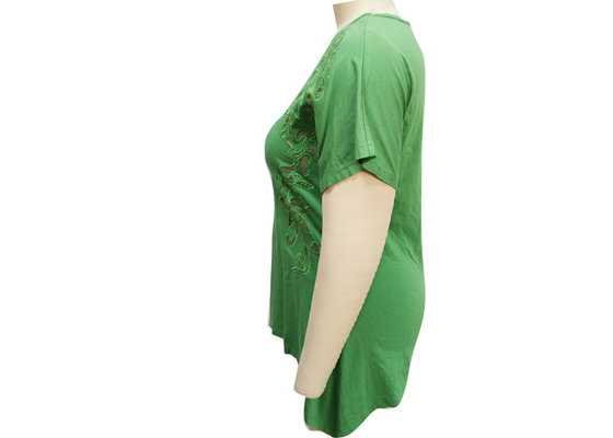Ladies Short Sleeve T Shirts , Womens Green Shirt Blouse Hollow Embroidery Lace Inside supplier
