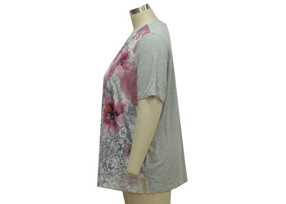 Grey Melange Jersey Ladies Casual T Shirts V Neckline With Rivets & Binding supplier
